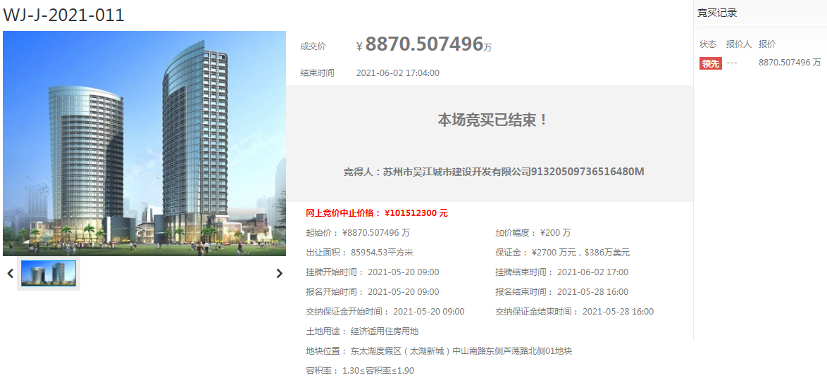 WJ-J-2021-011号地块成交。-苏州楼盘网
